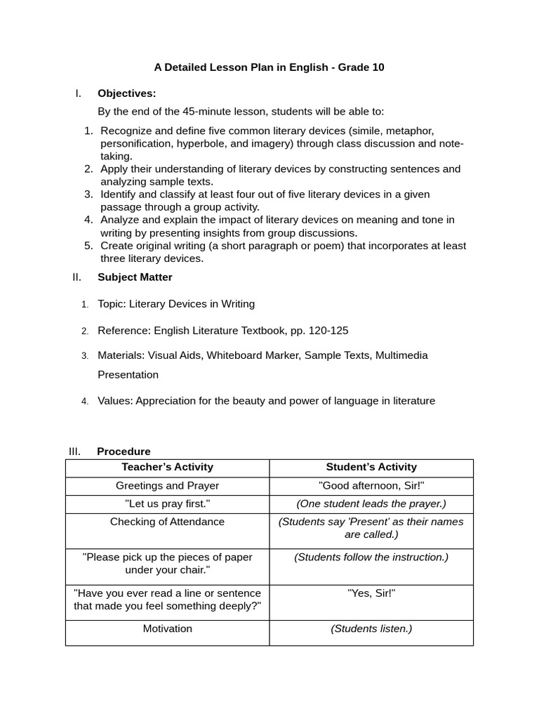 Grade 10 Lesson Plan: Literary Devices | PDF | Metaphor | Lesson Plan