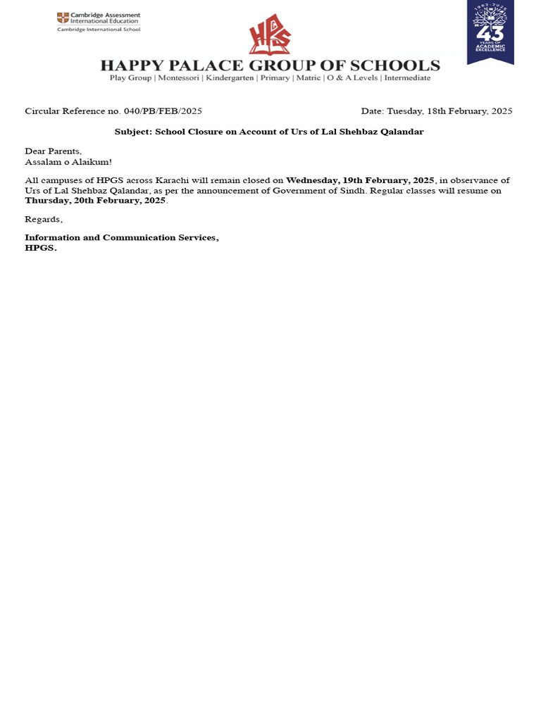 HPGS Closure for Urs on 19th February | PDF