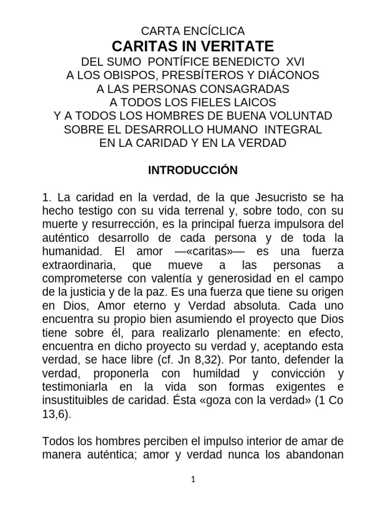 CARTA ENCÍCLICA Caritas in Veritate, Benedicto XVI, Oficio | PDF | Papa Benedicto Xvi | Doctrina ...