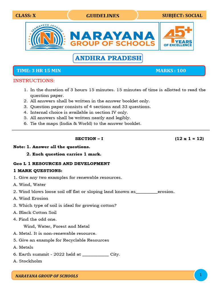 AP X-SSC SOCIAL - QUESTIONWISE GUIDELINES BY SCERT KEY For 1 and 2 ...