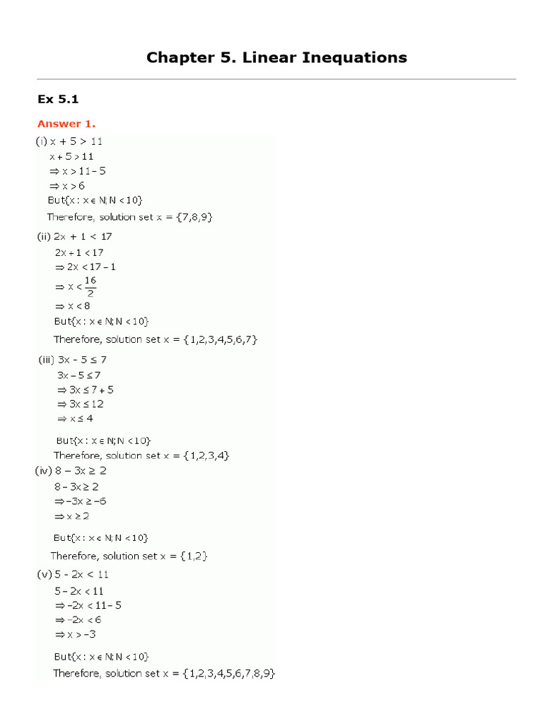 Frank Maths Solutions Class 10 Chapter 5 Linear Inequations | PDF