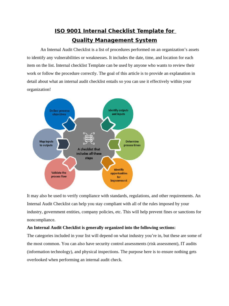 ISO 9001 Internal Checklist Template For Quality Management System ...