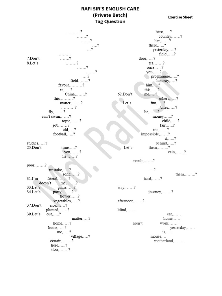 Tag Question Practice Sheet | PDF