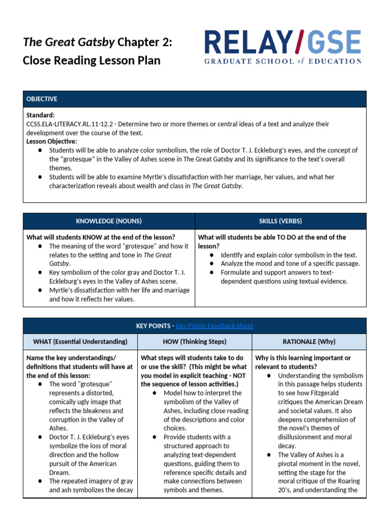 Gatsby Chapter 2 Close Reading Lesson Plan | PDF | The Great Gatsby ...