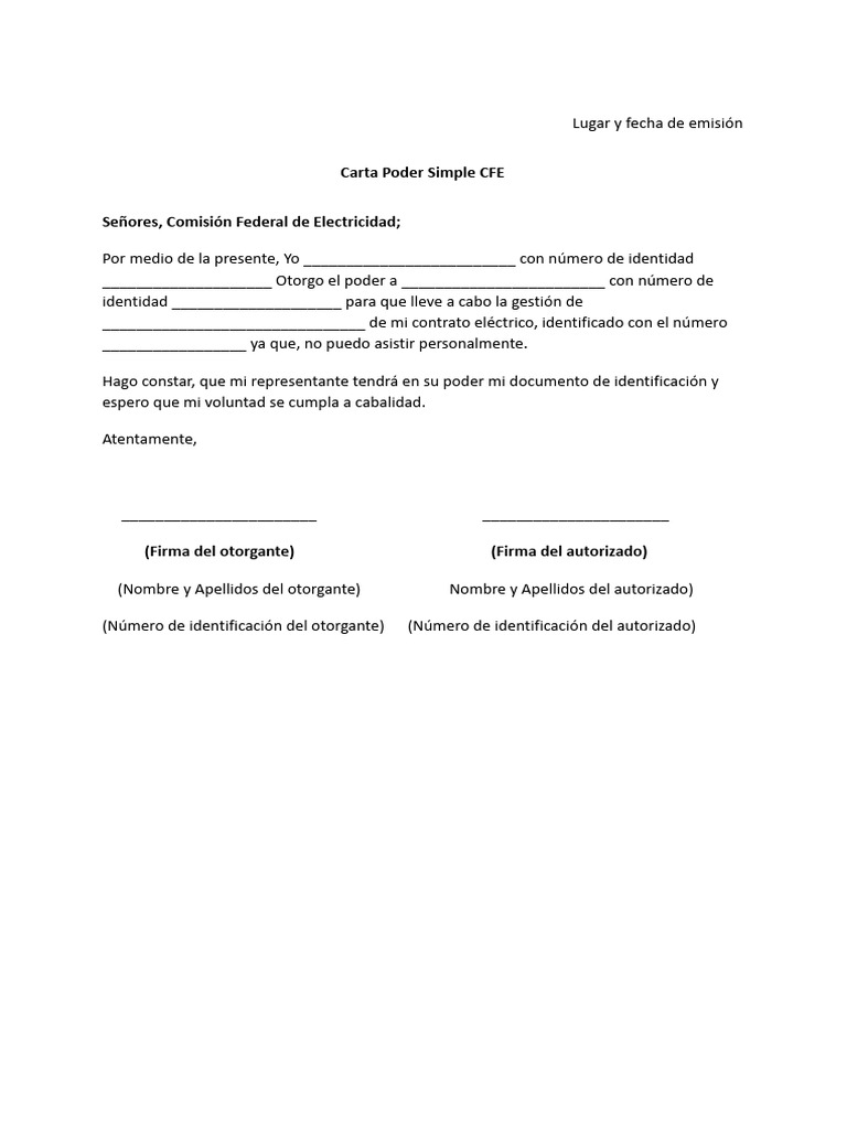 Carta Poder para Realizar Tramites Ante CFE | PDF