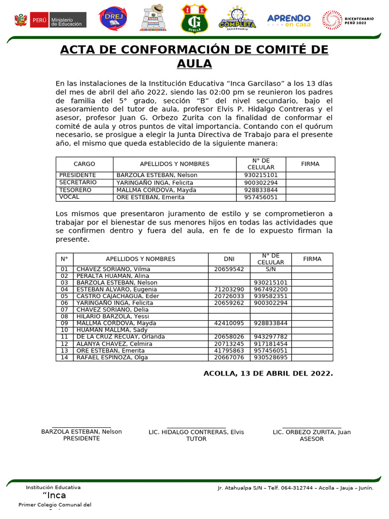 Acta de Comite de Aula | PDF