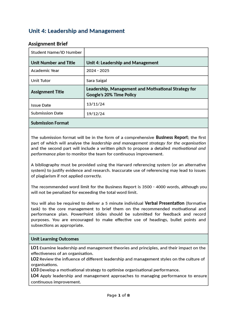 Unit 4 Assignment Brief - 2024-25 Final Version | PDF | Leadership | Creativity