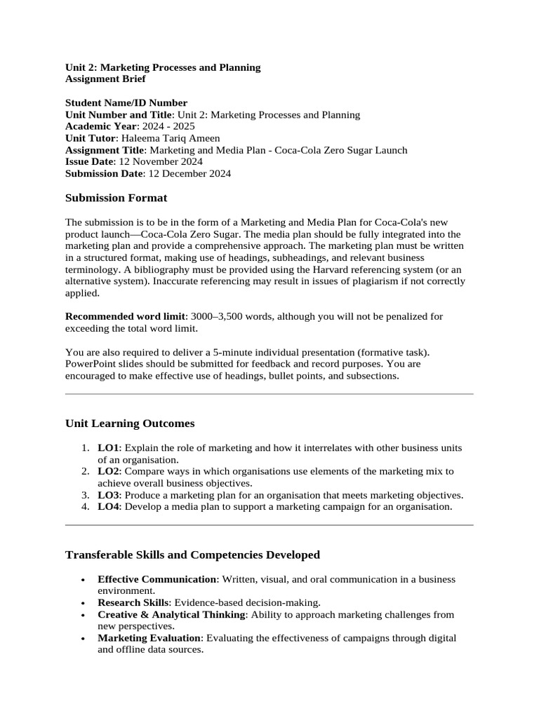 Unit 2 Marketing Planning 2024 Assignment. | PDF | Marketing | Target ...