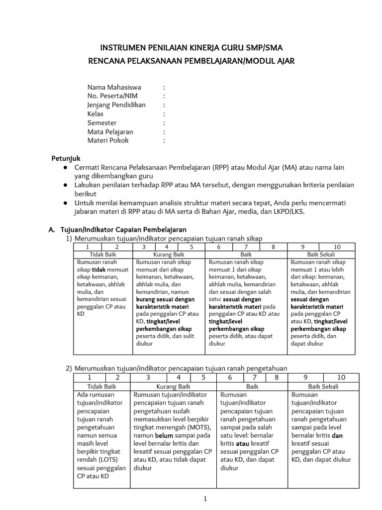 Instrumen Penilaian RPP SMP-SMA 2023 draft-edit-3+4-FINAL | PDF