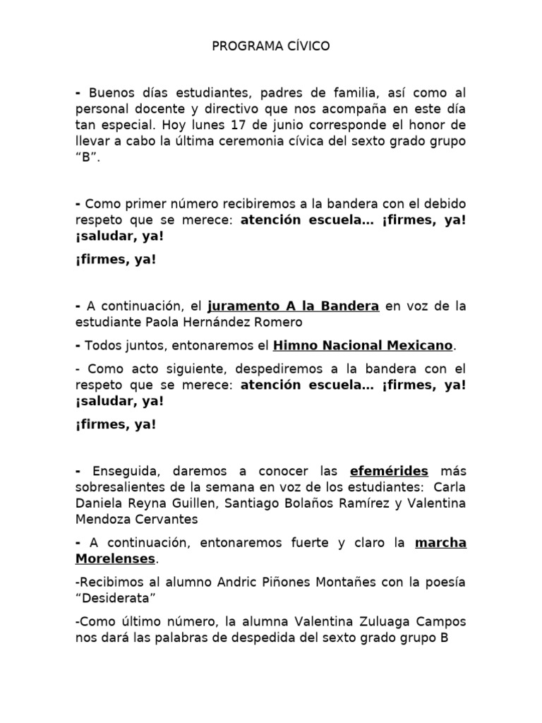 Programa Honores A La Bandera 6B | PDF