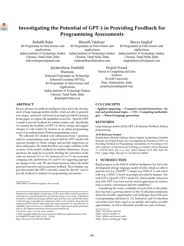 Investigating the Potential of GPT-3 in Providing Feedback for | PDF ...