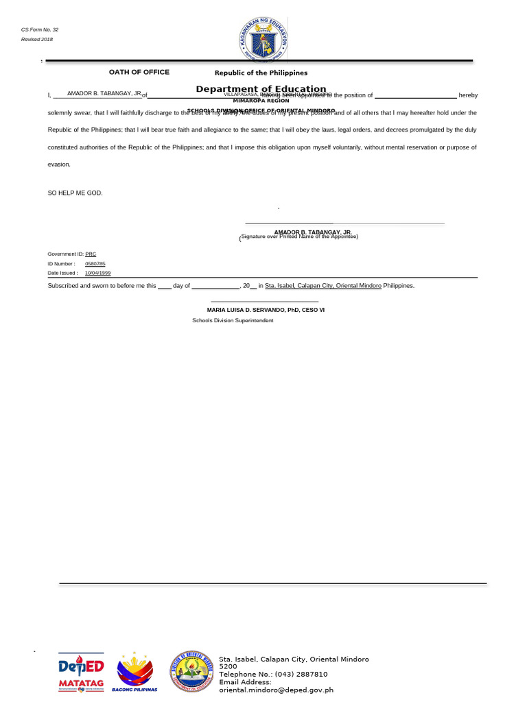 OATH OF OFFICE - CSC Form No. 032 W DATA | PDF | Oath Of Office | State ...