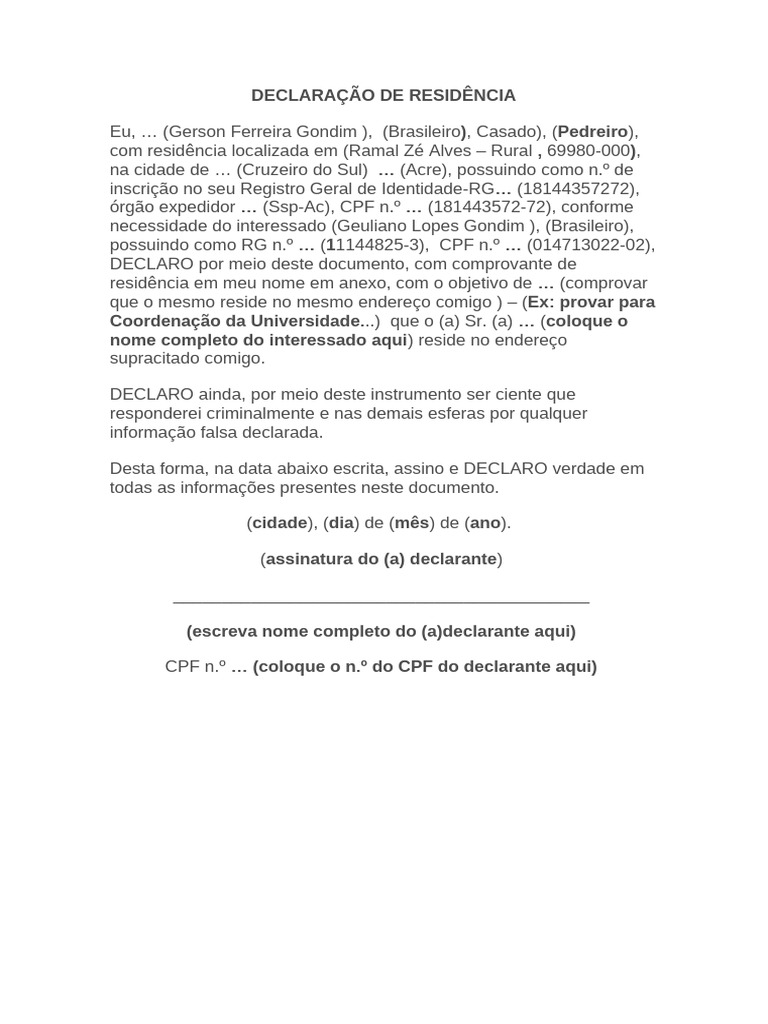 Declaração de Comprovante de Residência | PDF