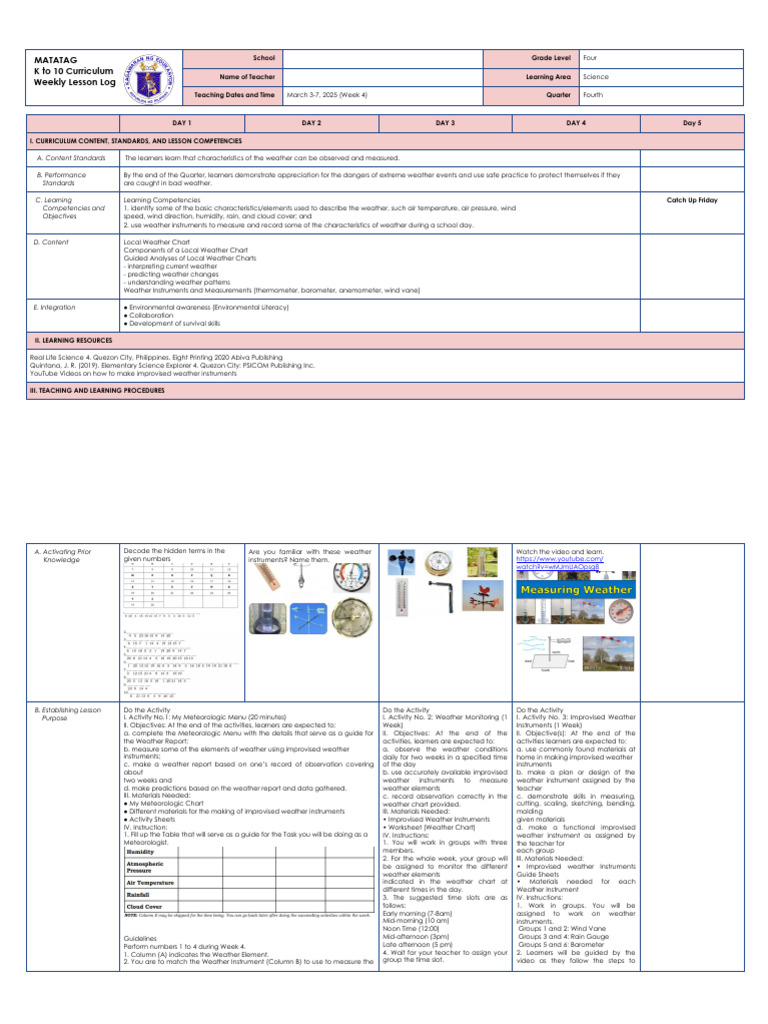 Grade 4 Science Weather Lesson Plan | PDF | Precipitation | Water Vapor