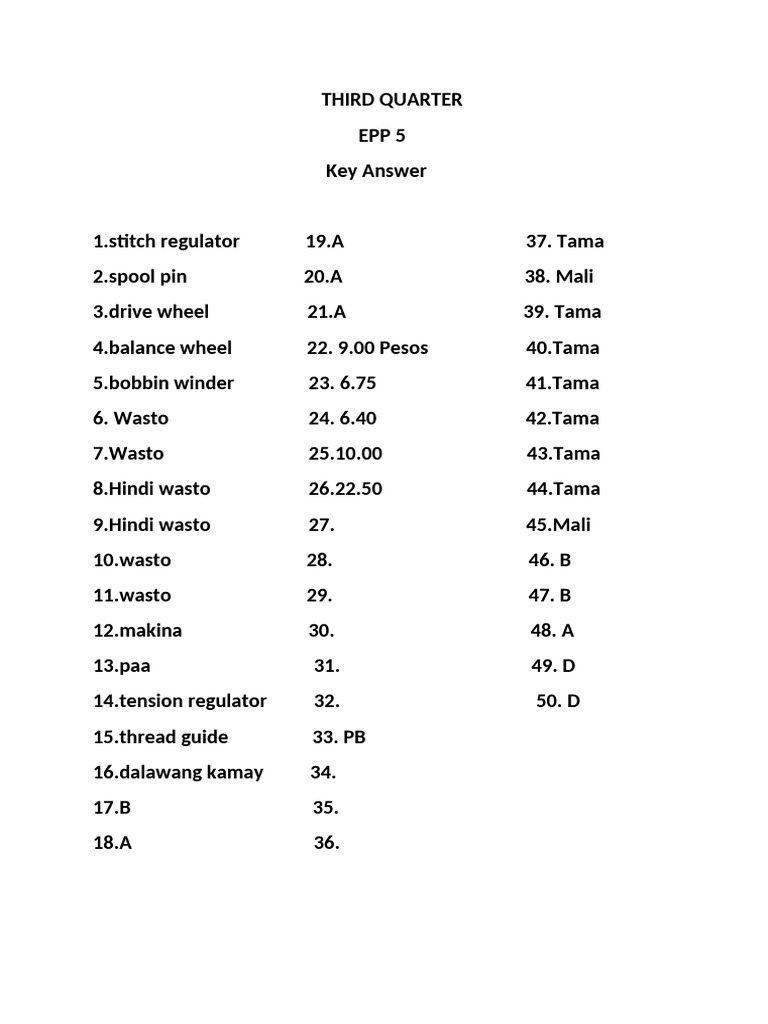 Key Answer - Third Quarter Epp 5 | PDF