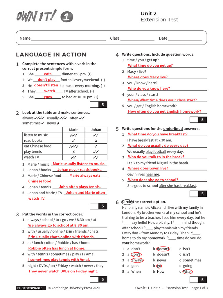 Unit 2 Extension Test: Present Simple | PDF | Sentence (Linguistics ...