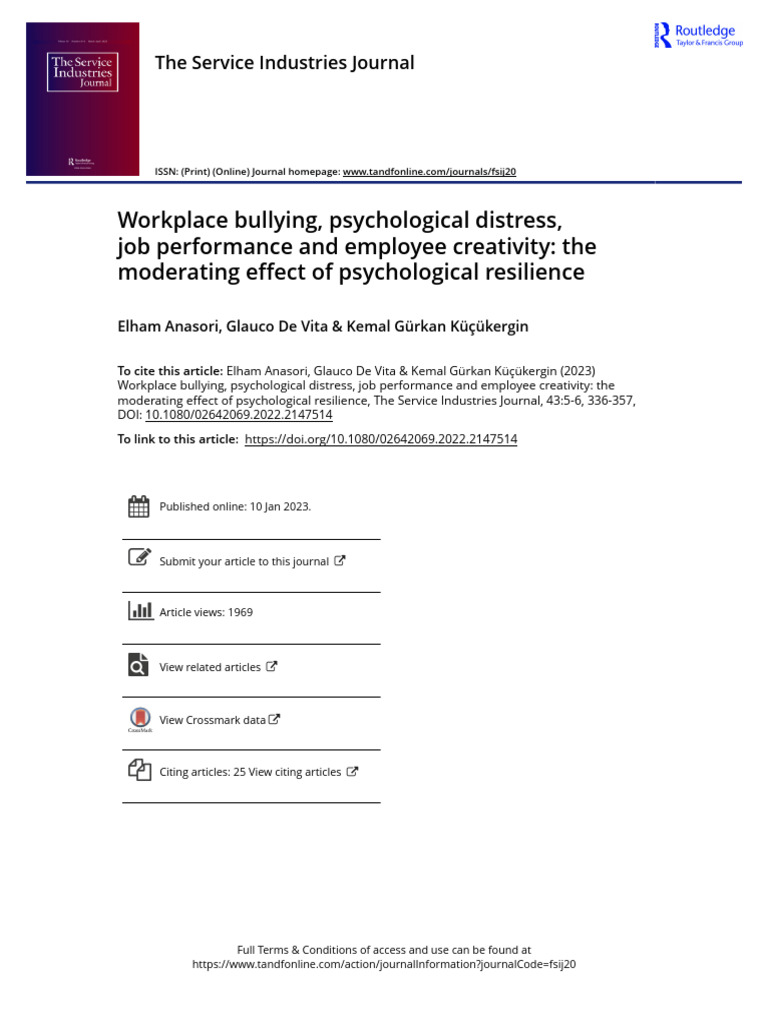 Workplace Bullying Psychological Distress Job Performance and Employee ...