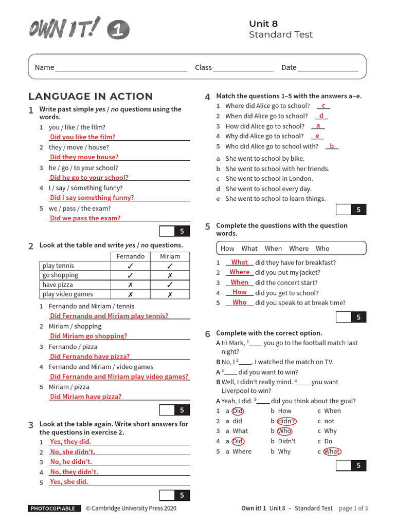 Unit 8 Standard Test Answers Pdf