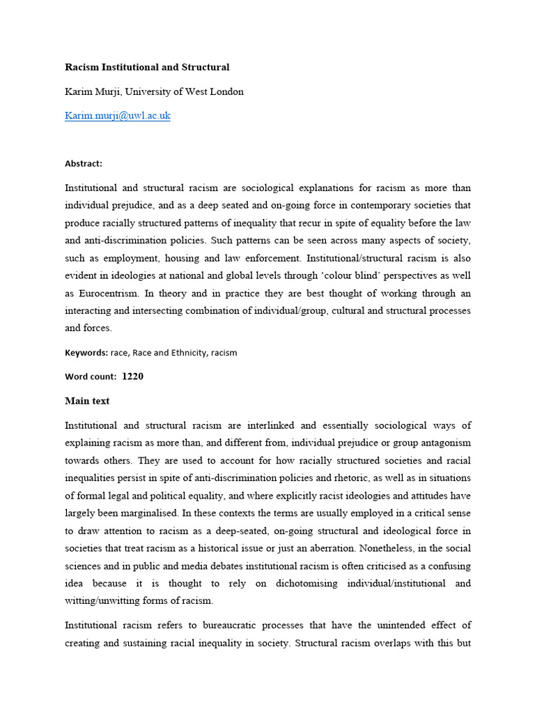 Racism Structural and Institutional | PDF | Discrimination & Race Relations | Racism