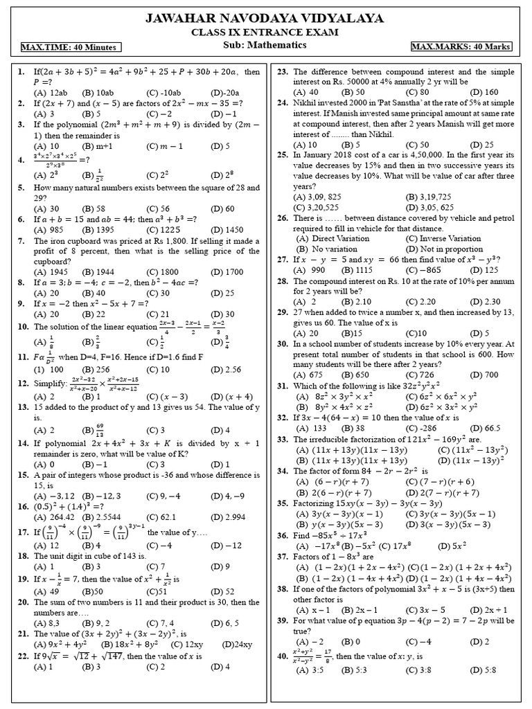 Class IX Math Entrance Exam Paper | PDF | Factorization | Numerical ...