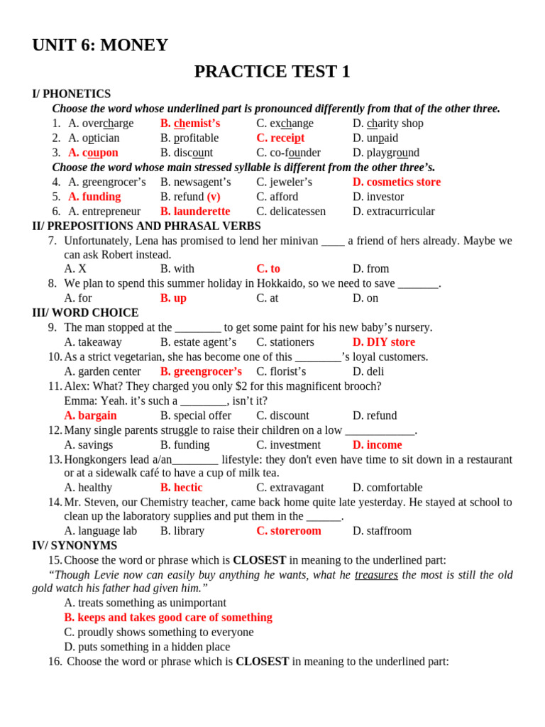 Money Practice Test: Phonetics & Grammar | PDF | Microsoft