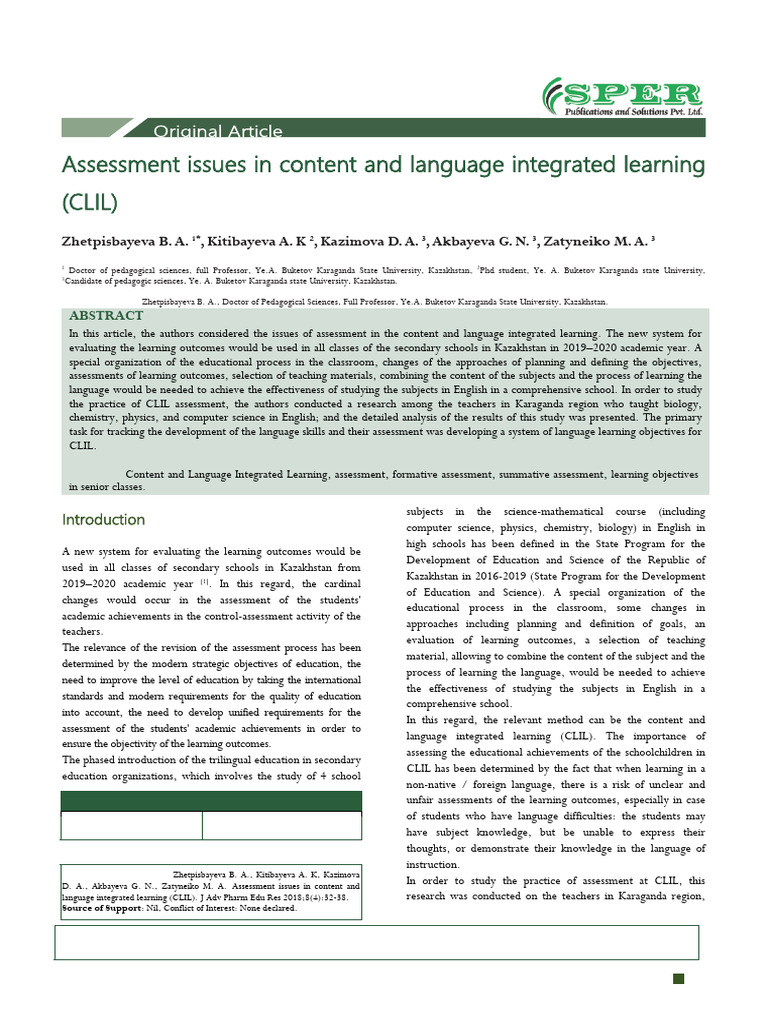 Assessment Issues in Content and Language Integrated Learning Clil ...