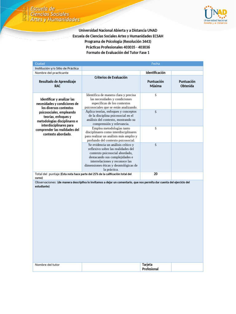 Formato Evaluación Tutor Fase 1 | PDF | Sicología | Science