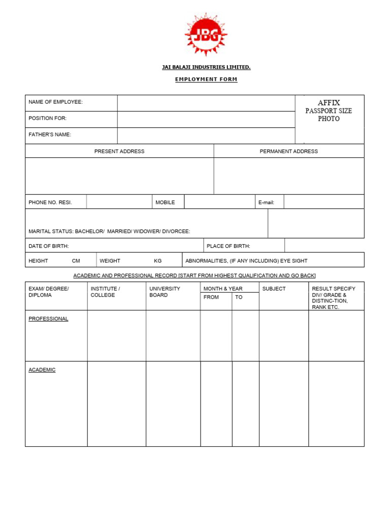Employment Form for JAI BALAJI Industries | PDF | Educational Stages