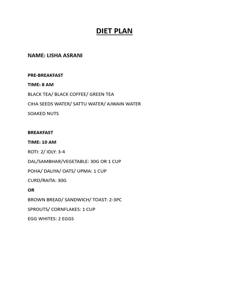 Weight Loss Diet Plan for Lisha Asrani | PDF