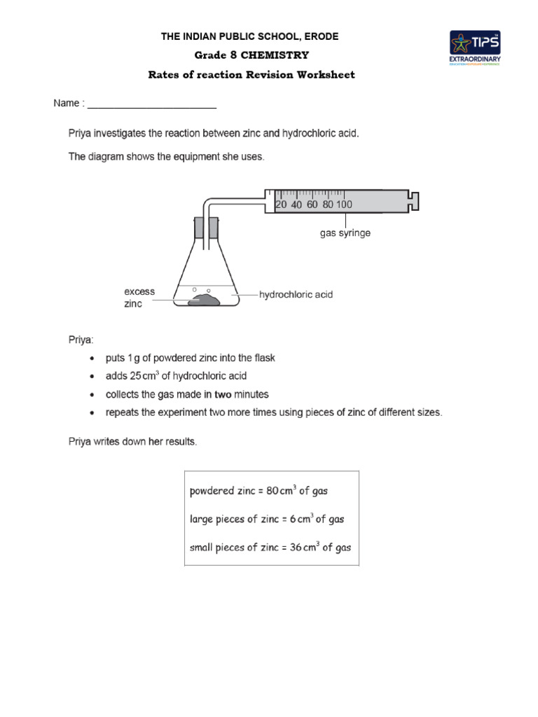 Grade 8 Rates of Reaction Worksheet | PDF