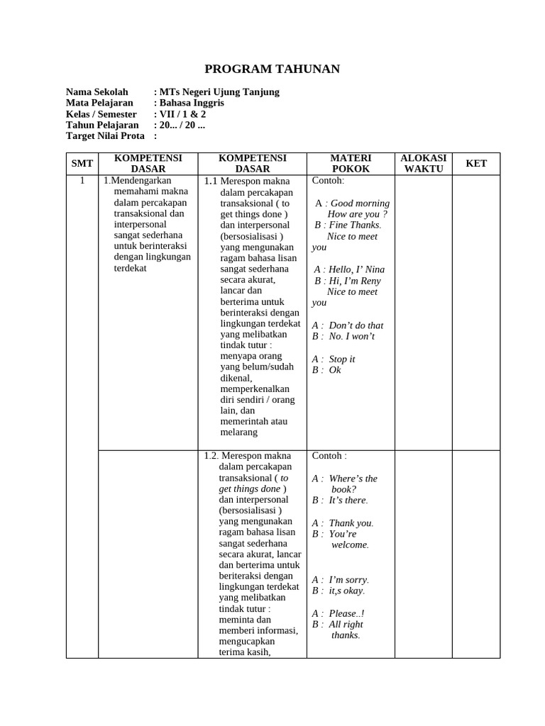 Program Tahunan Bahasa Inggris SMPKelas VII | PDF