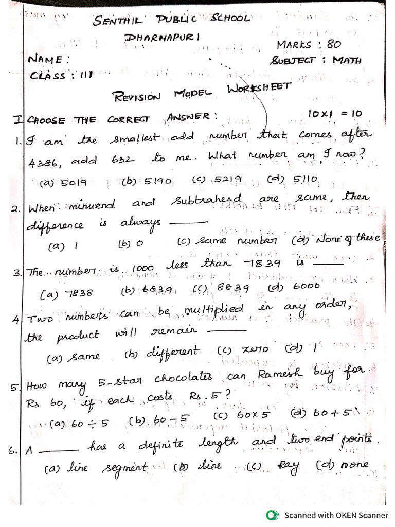 Cls 3 Math Revision Worksheet 1 | PDF