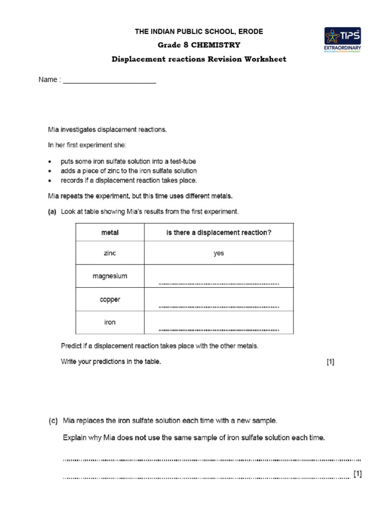 Displacement Reactions Revision Worksheet | PDF