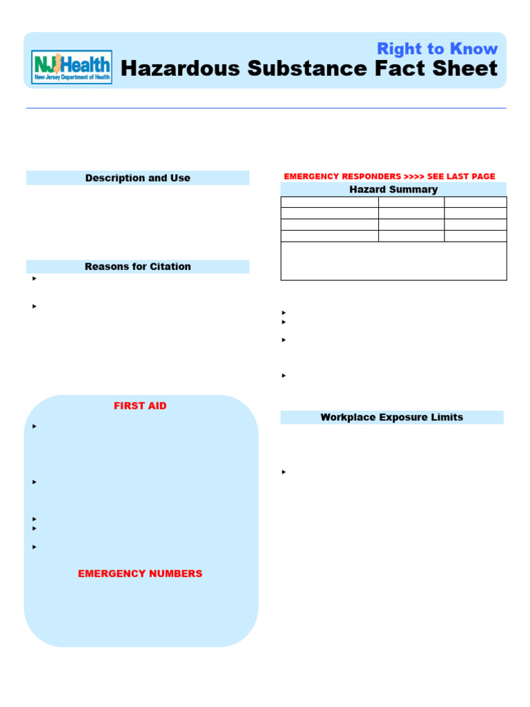 Hazardous Substance Fact Sheet | PDF | Hydrogen | Occupational Safety ...