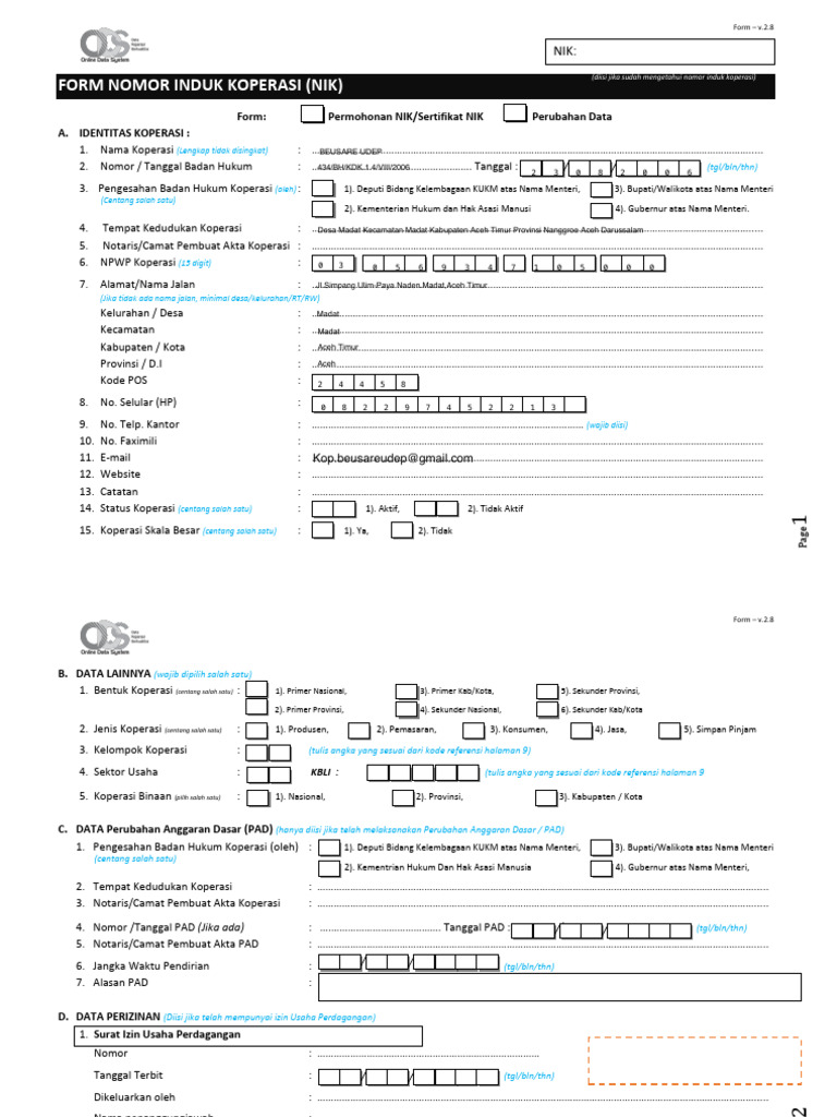 Form Profil Koperasi - Sertifikat NIK | PDF