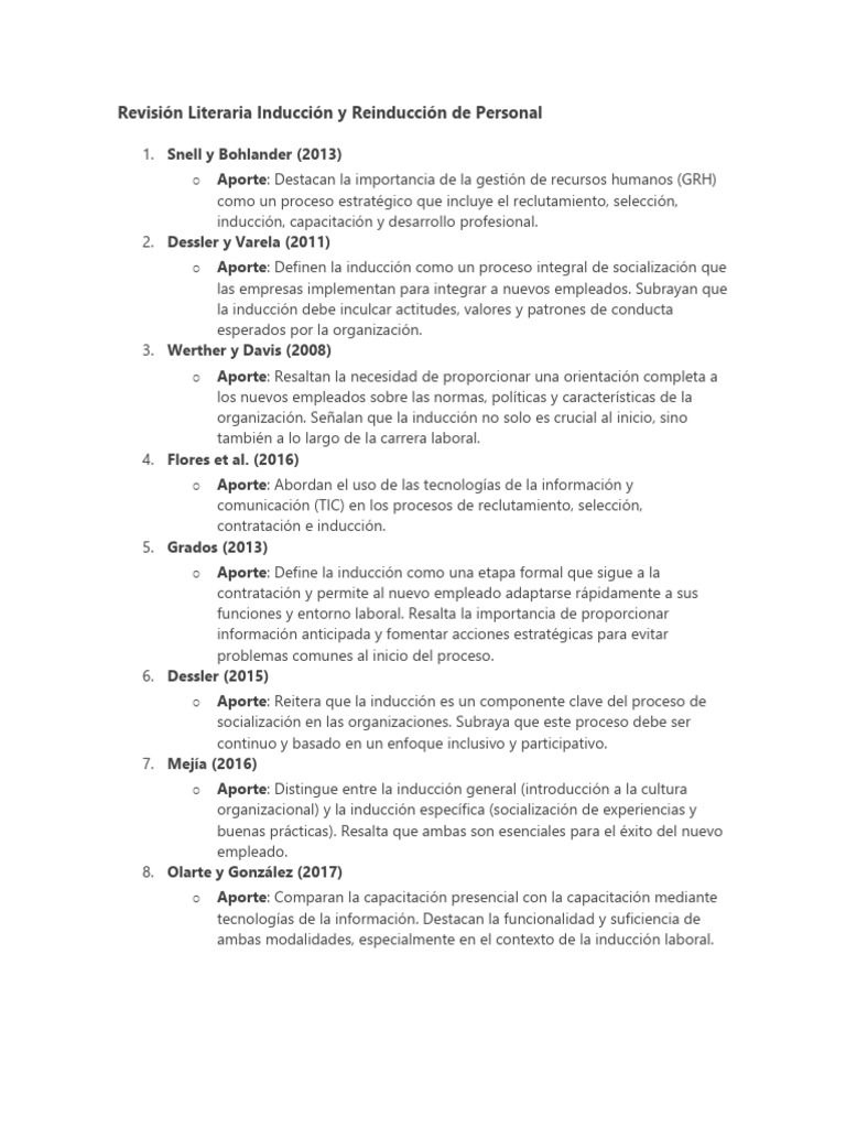 Revisión Literaria Inducción y Reinducción de Personal | PDF