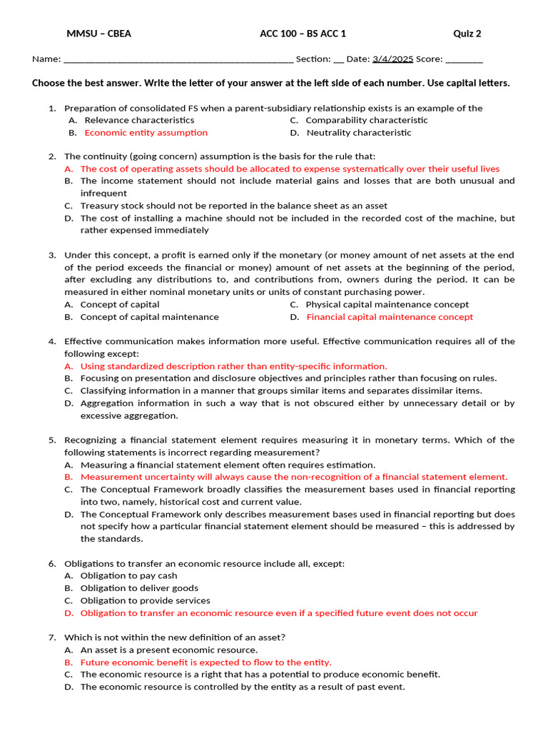 ACC 100 Quiz 2 Set 2 | PDF | Historical Cost | Income