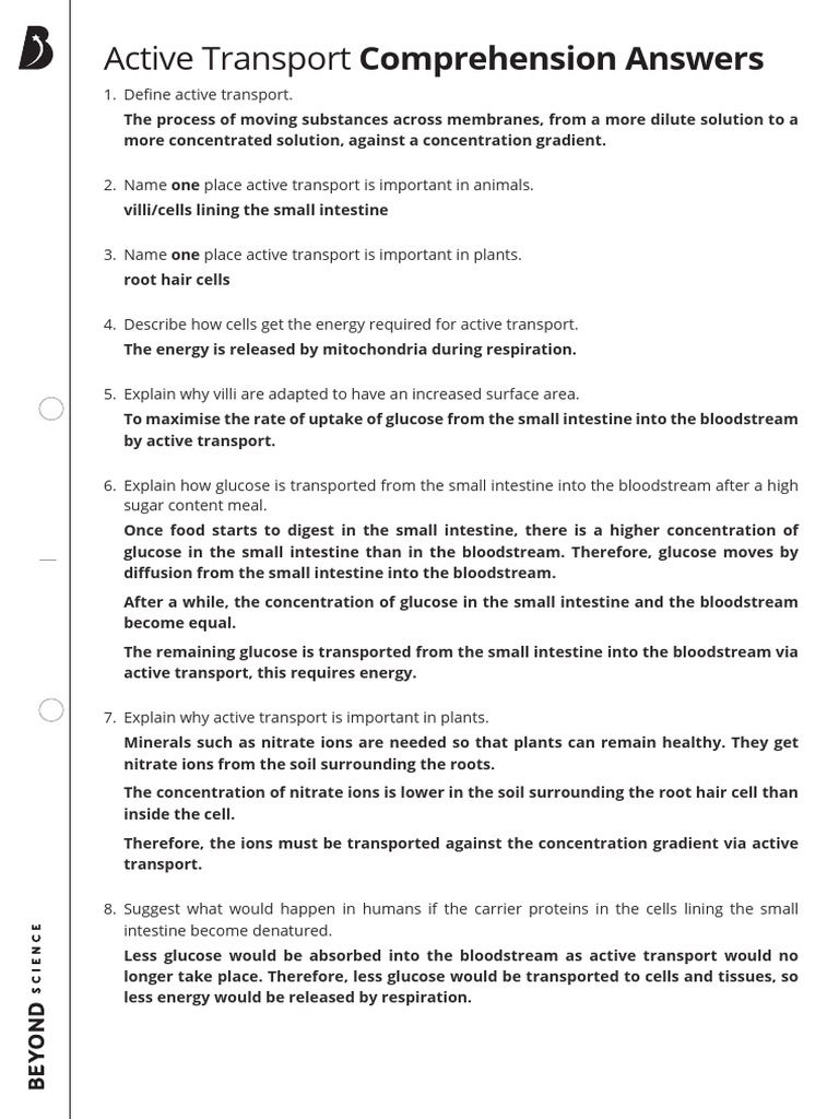 Active Transport Reading Comprehension Questions Higher Answers | PDF