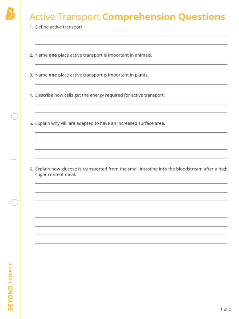 Active Transport Reading Comprehension Questions Higher | PDF
