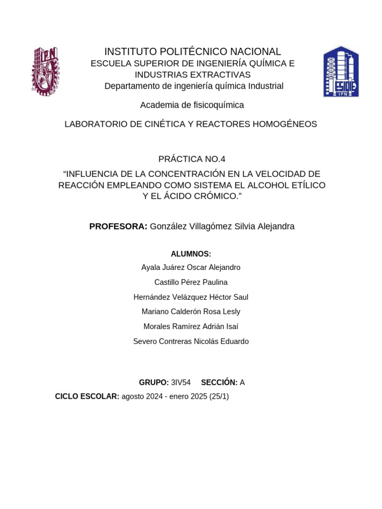 Practica No4 Cinetica | PDF | Química Física | Ingeniería de Procesos