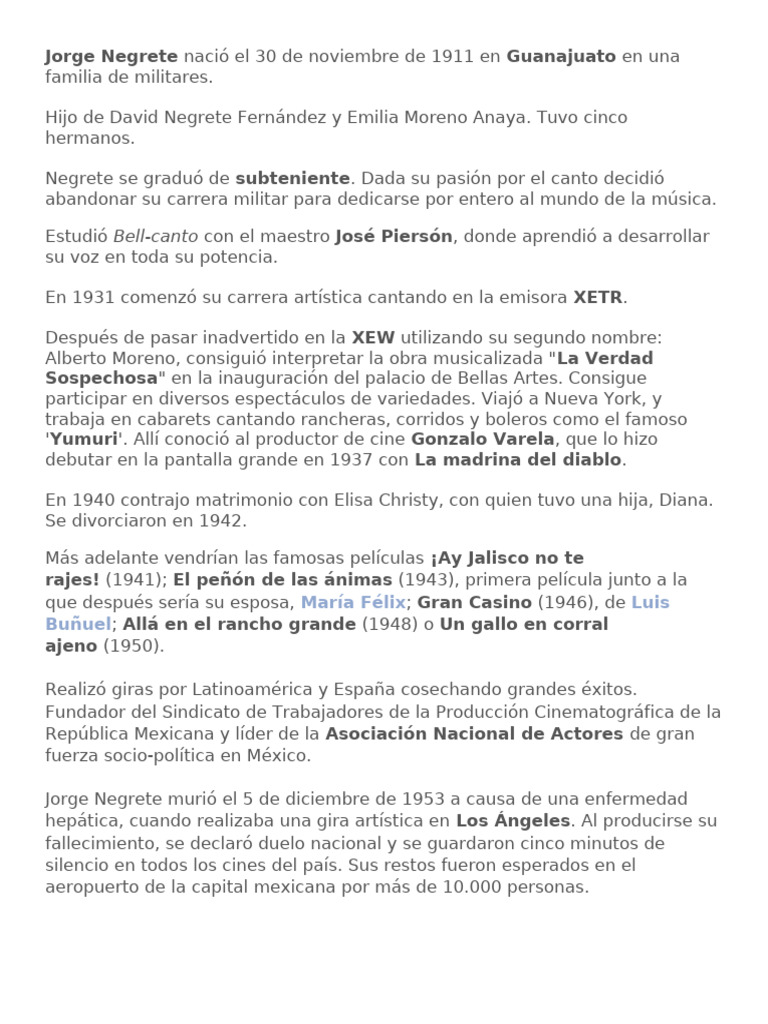 Biografía de Jorge Negrete: Nacimiento y Vida | PDF