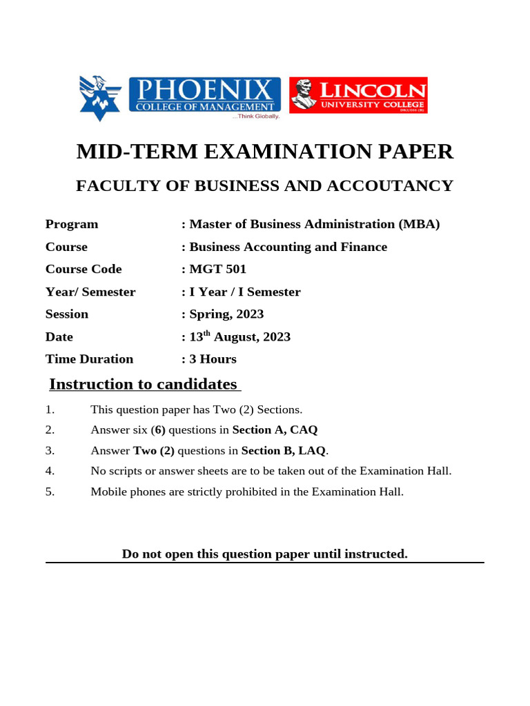 MBA Business Accounting Mid-Term Exam | PDF | Balance Sheet | Corporations