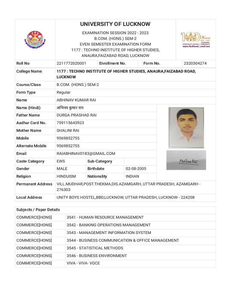 Lucknow University Even Exam Forms | PDF