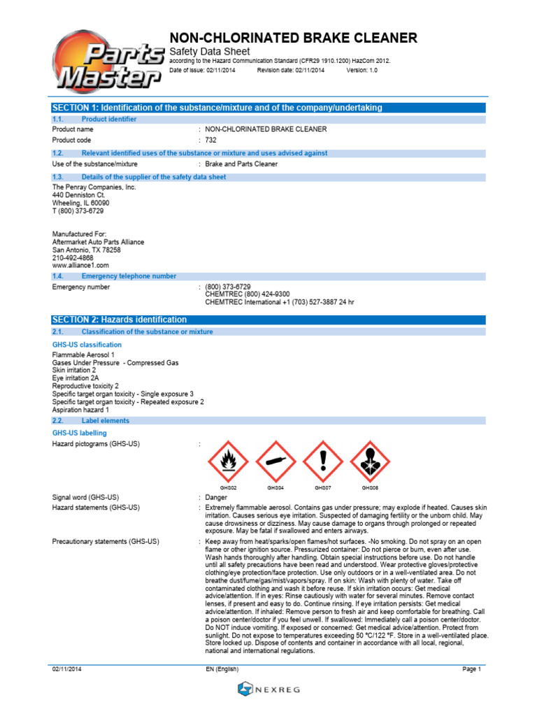 Non-Chlorinated Brake Cleaner SDS | PDF | Carcinogen | Toxicity