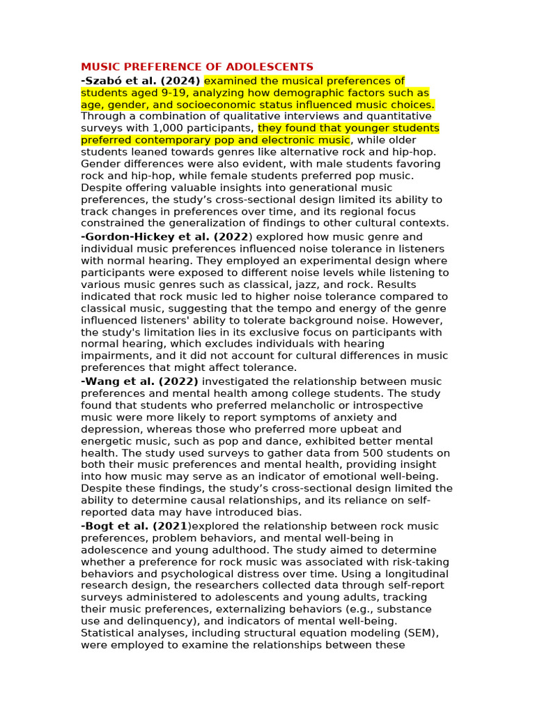Adolescent Music Preferences Study Insights | PDF | Survey Methodology ...