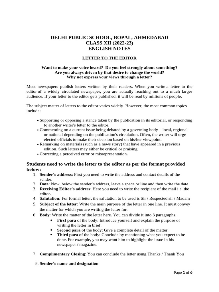 Class 12 Guide: Writing Letters to Editors | PDF | Letter To The Editor ...