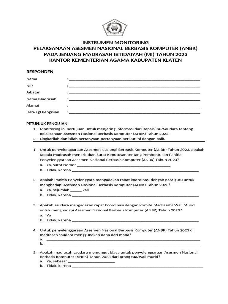 Instrumen Monitoring Anbk Mi 2023 | PDF