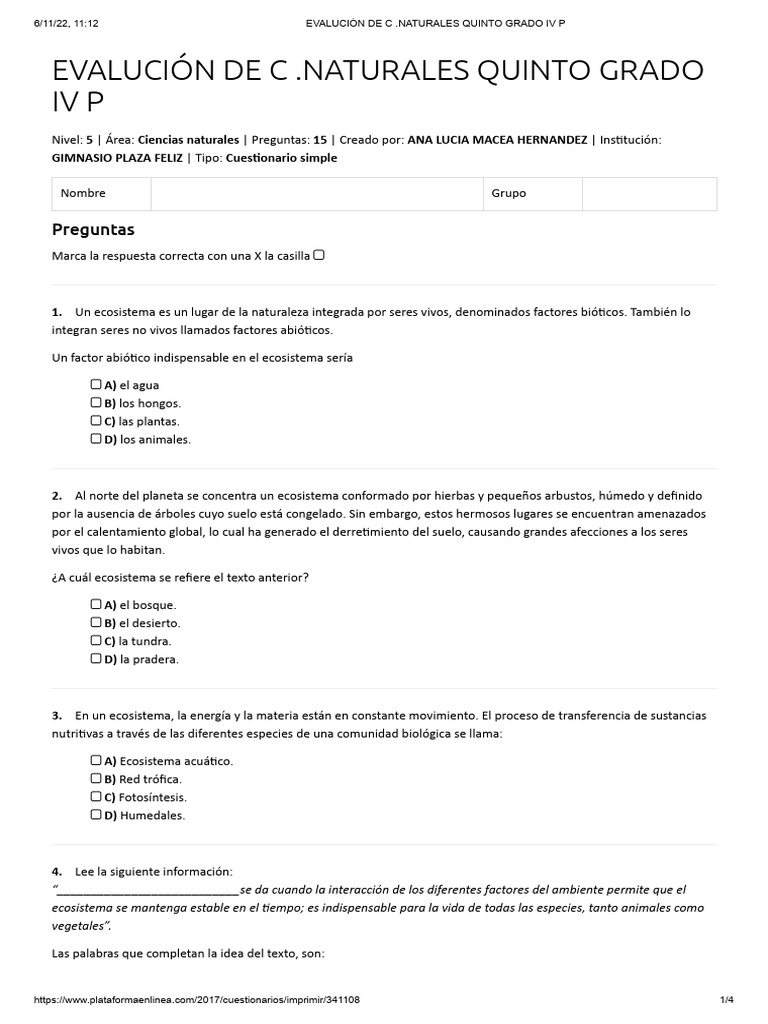 5 Evalución de C .Naturales Quinto Grado Iv P | PDF | Ecosistema | Residuos