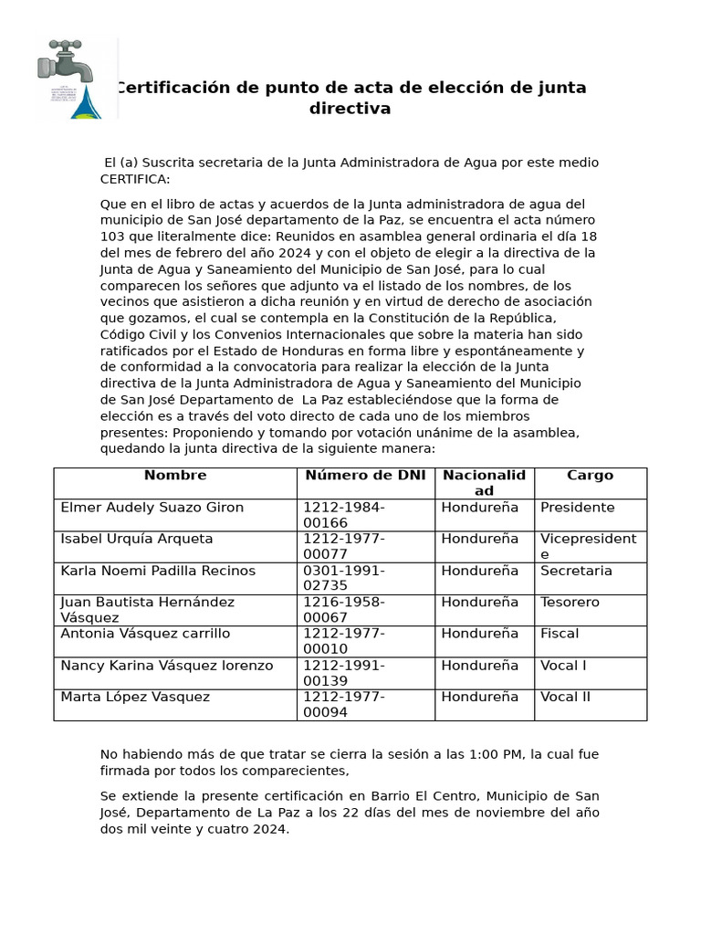 Certificación de Punto de Acta de Elección de Junta Directiva | PDF | Honduras | Gobierno