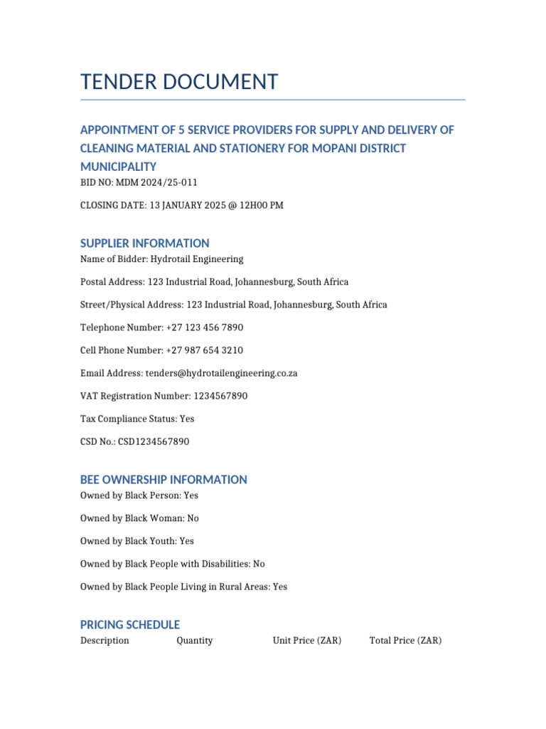 Tender Document Filled MDM 2024-25-011 | PDF